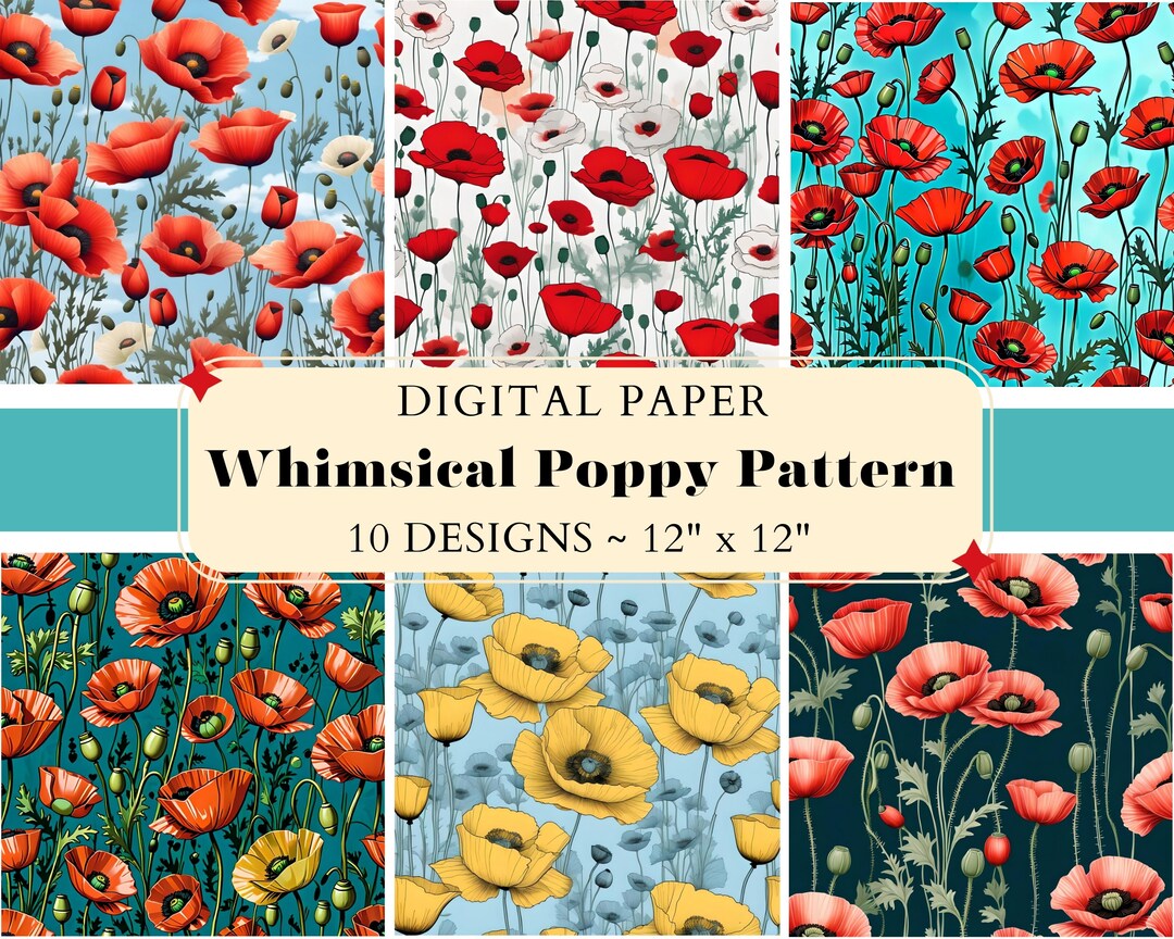 Whimsical Poppies Digital Papers, Whimsical Poppies Backgrounds ...