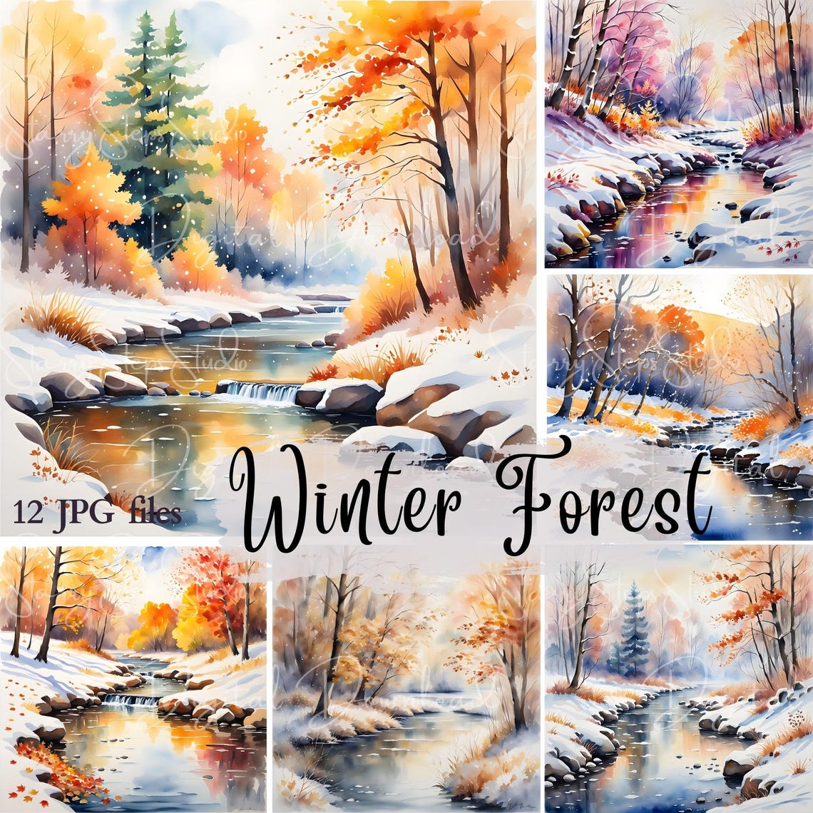Winter Forest Scene Clipart Digital Download, Winter Forest Backgrounds ...