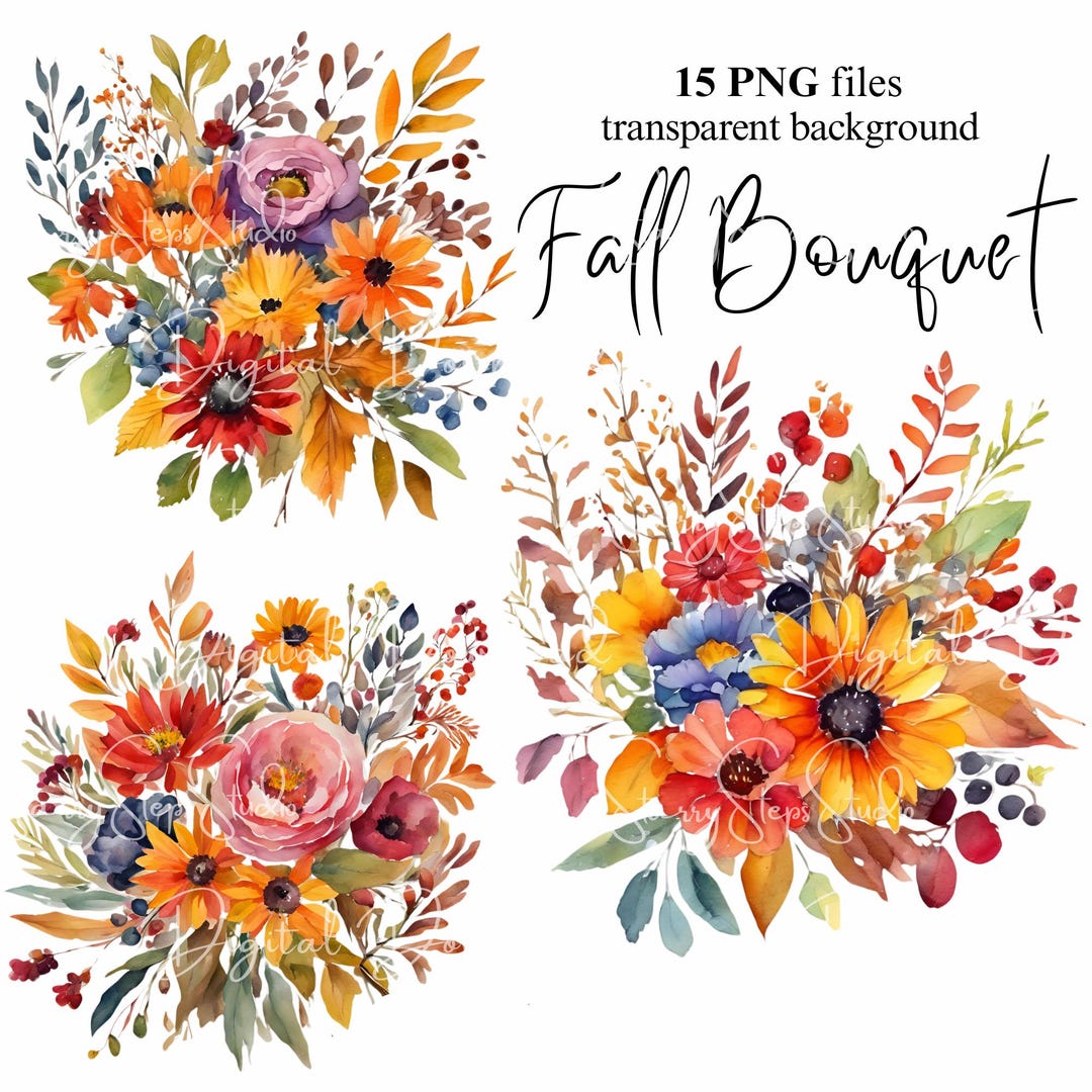 Fall Bouquet Clipart Bundle Digital Download, Autumn Flowers Bouquet ...