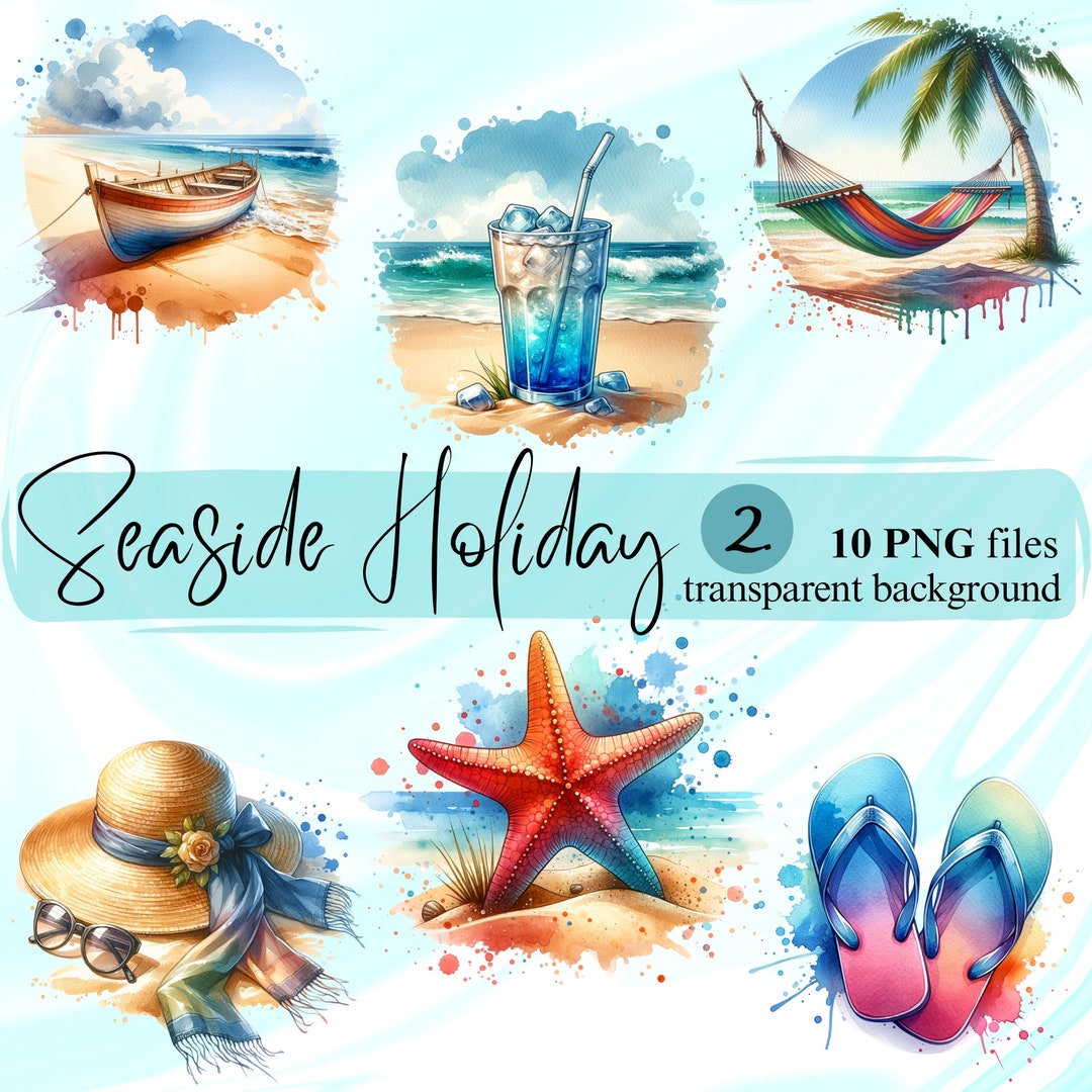 Seaside Holiday Digital Clipart, Printable Beach Holiday Sticker Design ...