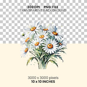 Daisy Bouquet Clip Art, Watercolor Daisies PNG Files, Digital Download ...