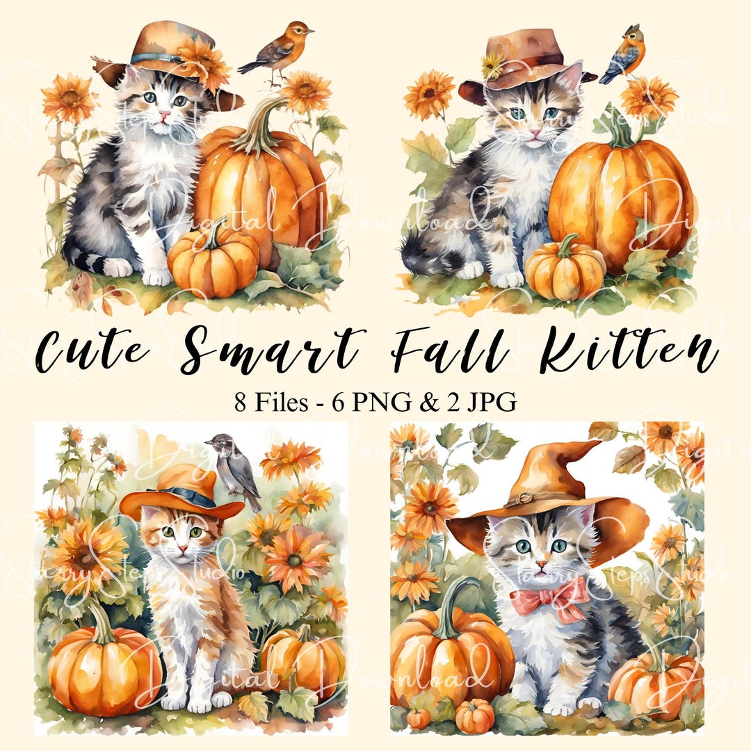 Cute Fall Kittens & Pumpkins Clipart Digital Download, Smart Fall Kitten Transparent PNG, Card ...