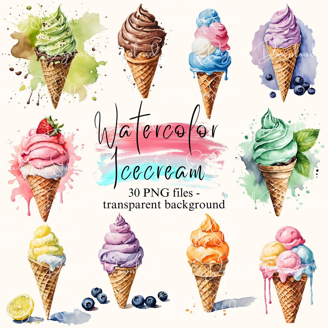 Watercolor Icecream Clipart Digital Download, Watercolor Icecream ...