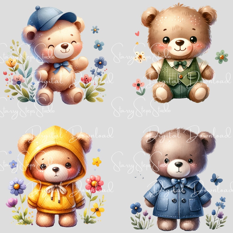 Cute Teddy Bear Clipart Bundle Digital Download, Cute Teddy Bear, High ...