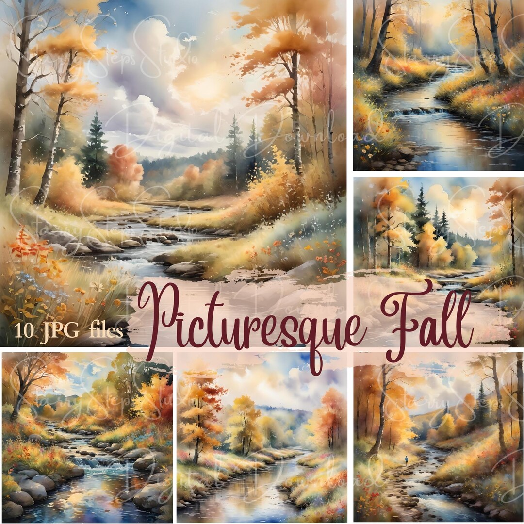 Picturesque Fall Background Clipart, Fall Colors Digital Papers Jpgs, Printable Autumn Nature ...