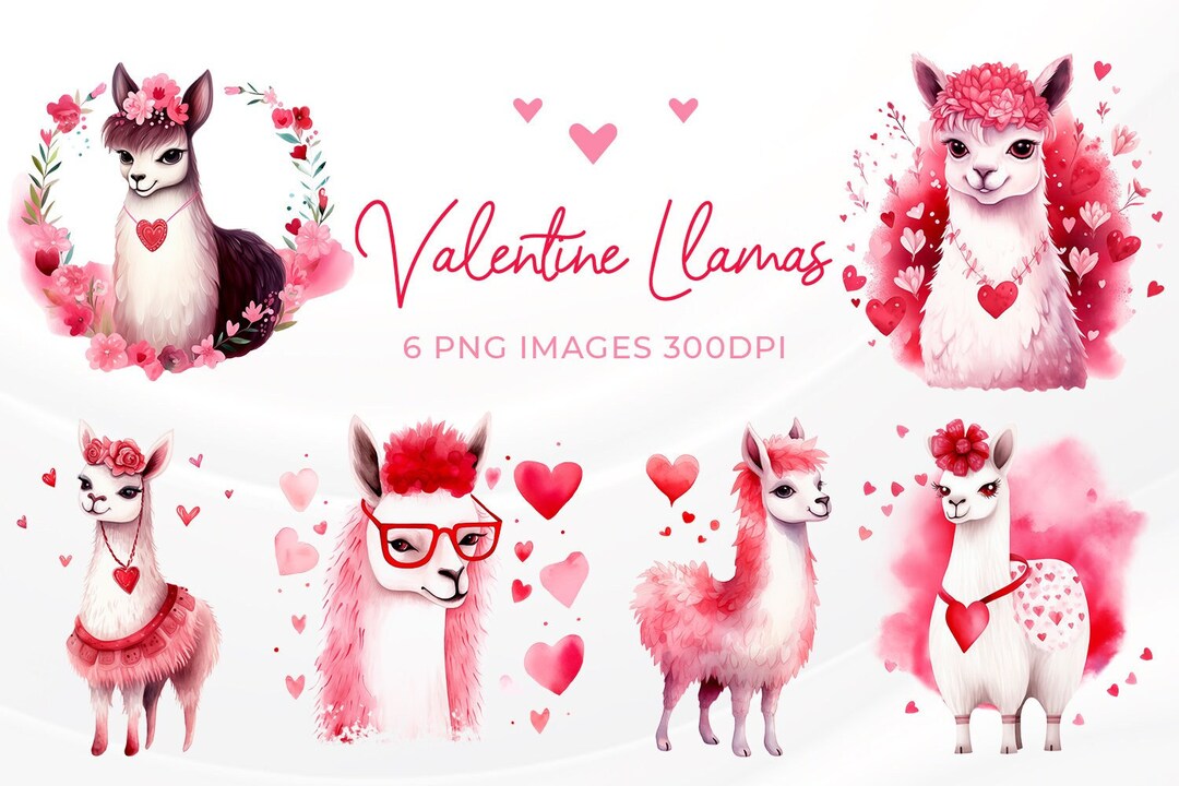 Valentine Llamas PNG Clipart Bundle | Cute Watercolor Llama Design for ...