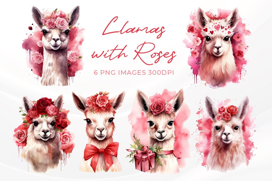 Llamas With Roses PNG Clipart - Valentines Day Png, Watercolor Romantic ...