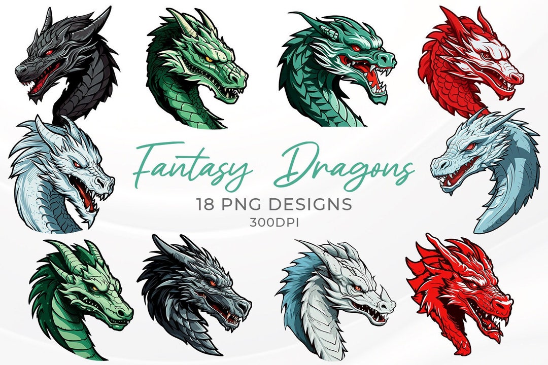 Fantasy Dragon Head Clipart Bundle 18 Unique Dragon Designs High ...