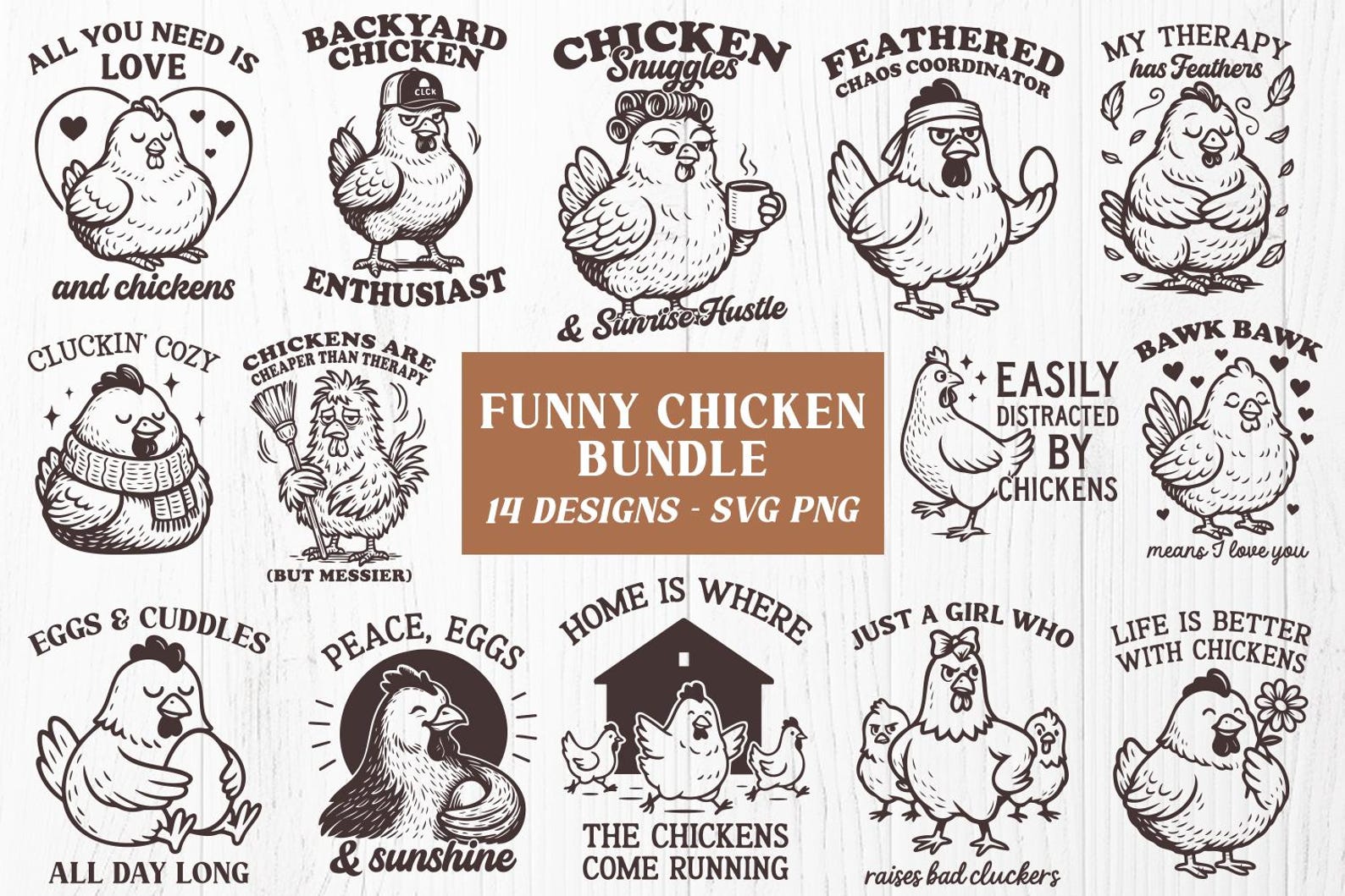 Funny Chicken SVG Bundle, 14 Chicken Quote SVG PNG Designs, Backyard ...