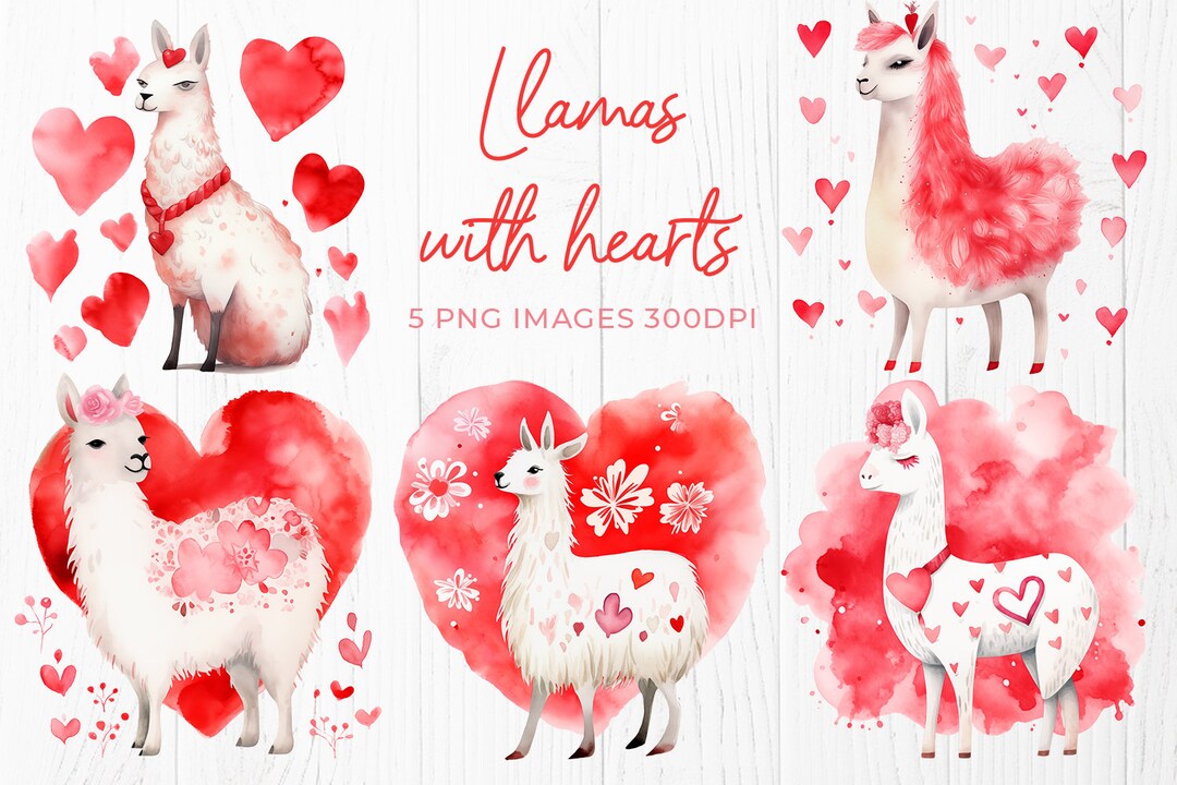 Valentine Llamas With Hearts PNG Cute Watercolor Llama Clipart for ...