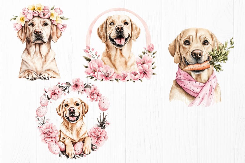 Spring Labrador PNG Bundle, Floral Dog Clipart, Cute Yellow Lab With ...
