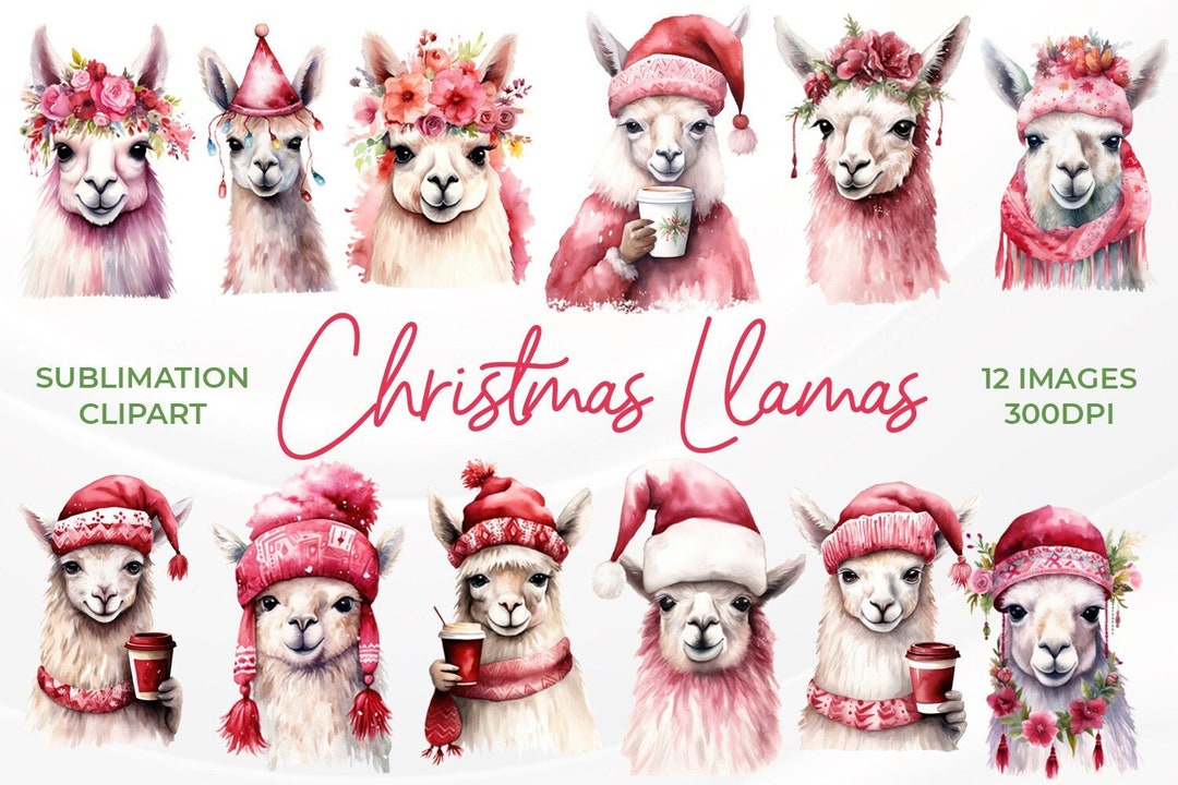 Christmas Llamas Watercolor Clipart for Holiday Crafts, 12 High-quality ...
