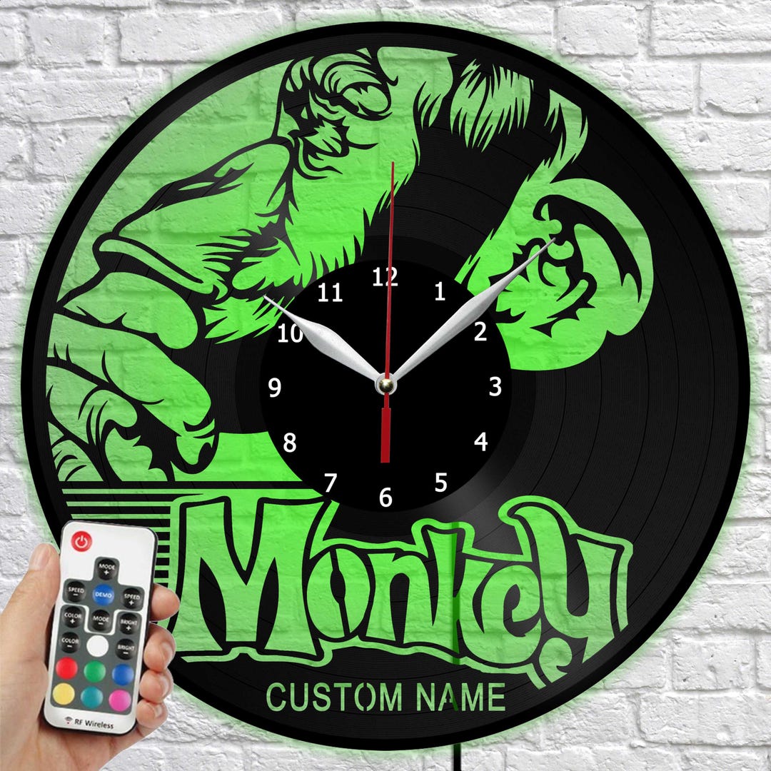 Monkey Clock Custom Name With LED Light Vinyl Wall Clock Art Home Decor ...