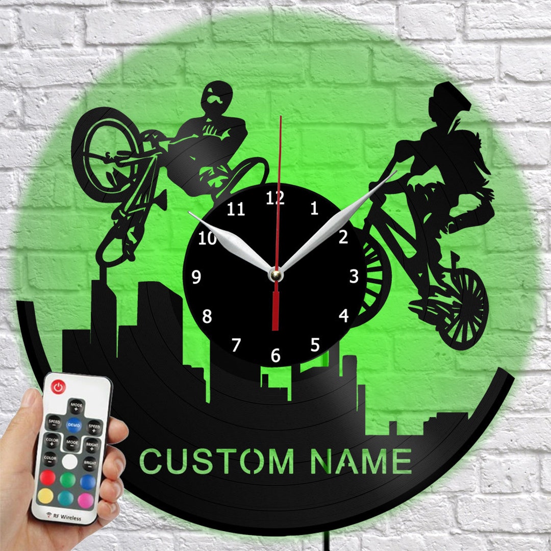 Urban Freeride Bicycle Custom Name Vinyl Clock With LED Light Wall ...
