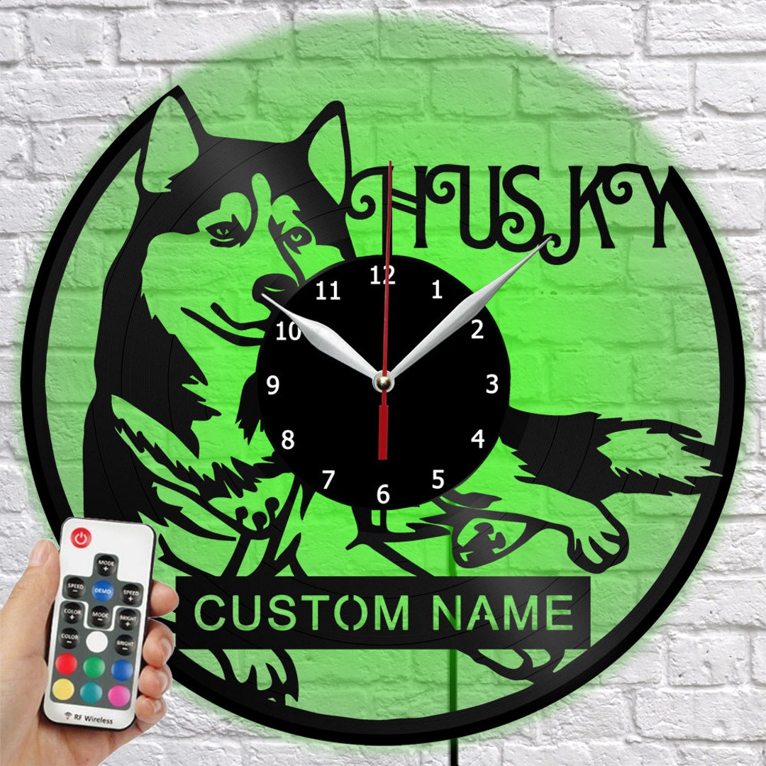 Dog Husky Vinyl Clock With LED Light Wall Clock Art Decor Home Light ...