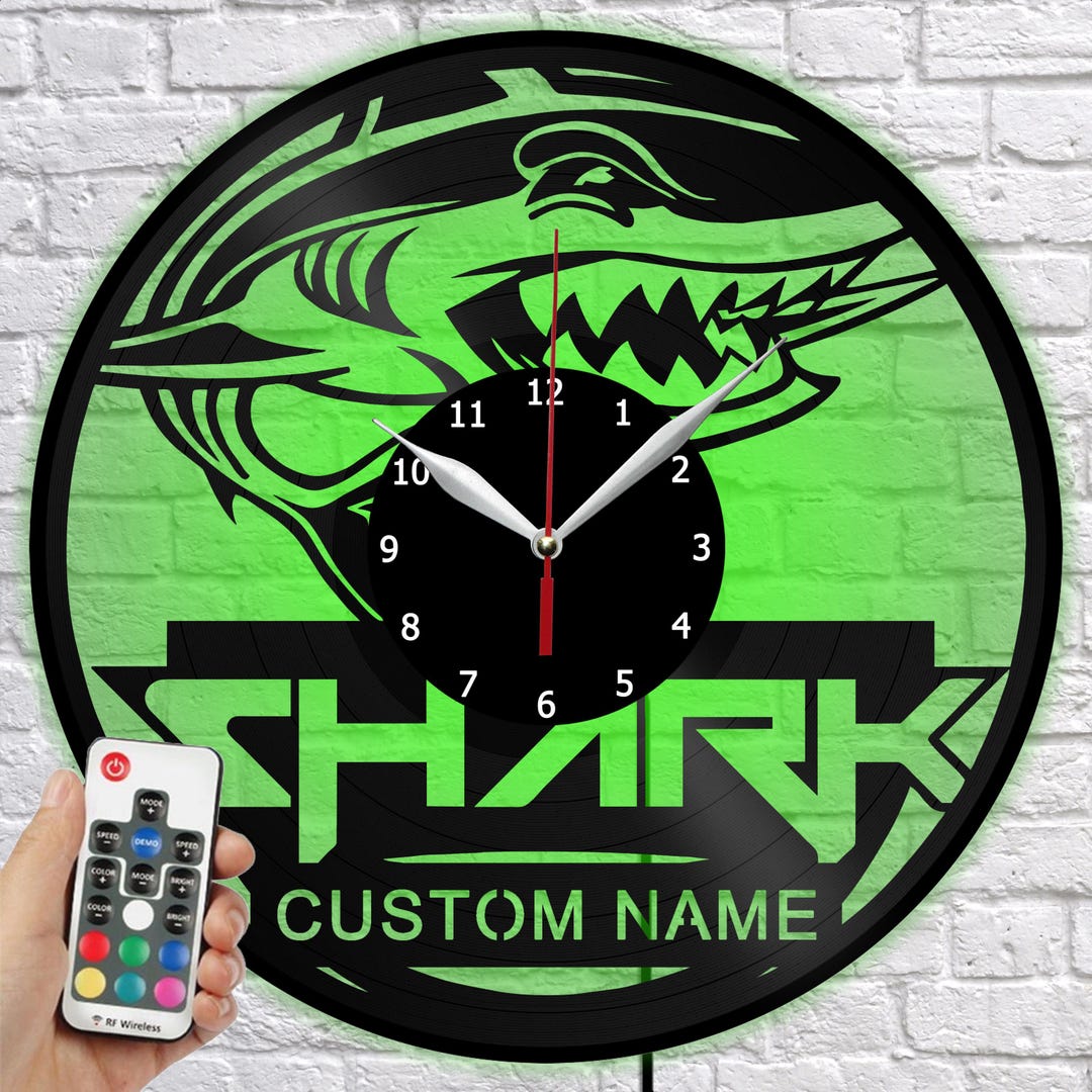 Shark Custom Name Clock With LED Light Clock Art Home Decor Light Vinyl ...