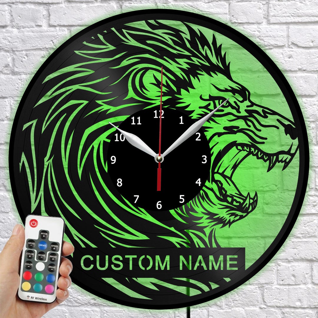 Lion Clock Custom Name With LED Light Vinyl Wall Clock Art Home Decor ...