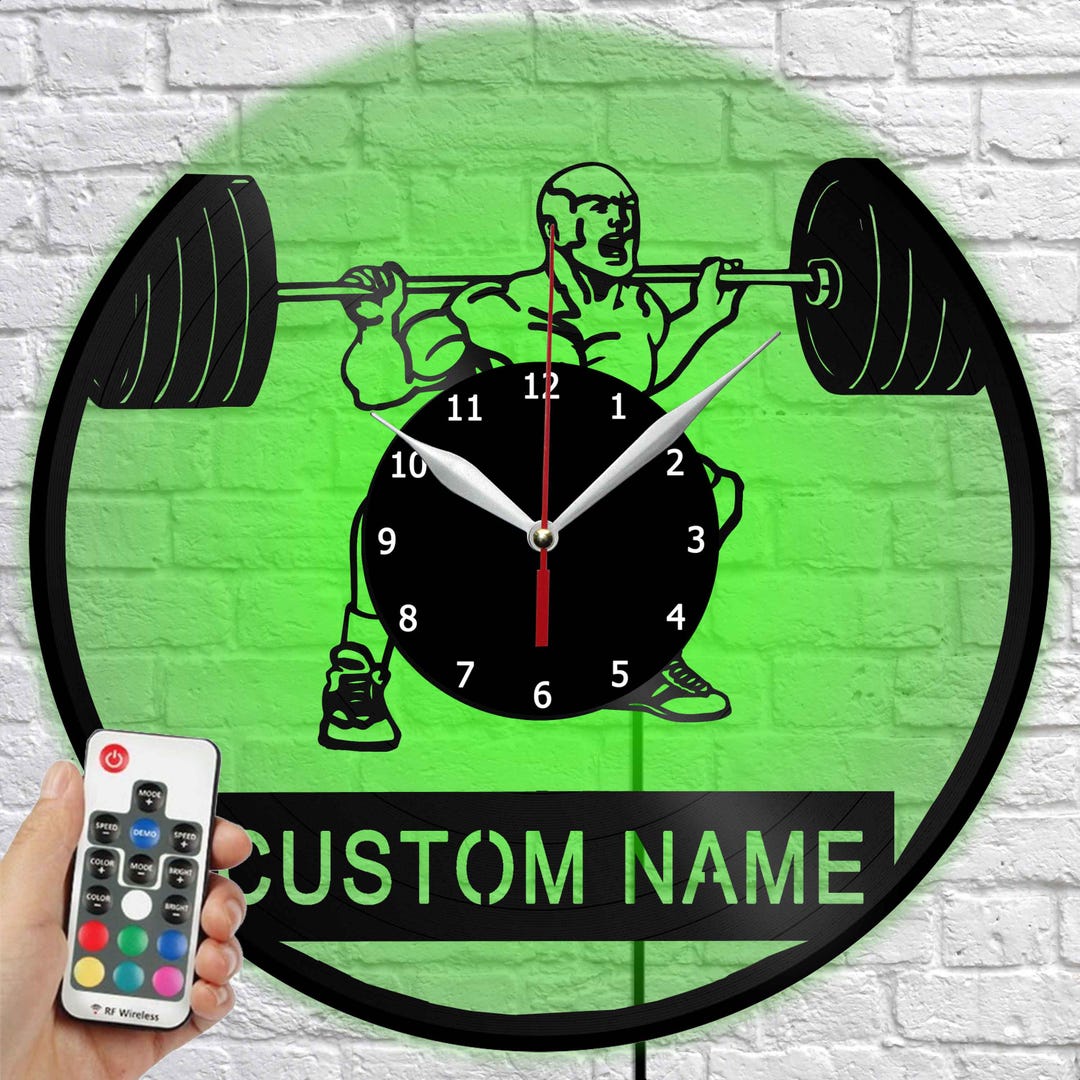 Powerlifter Personalized Clock With LED Light Wall Clock Decor GYM ...