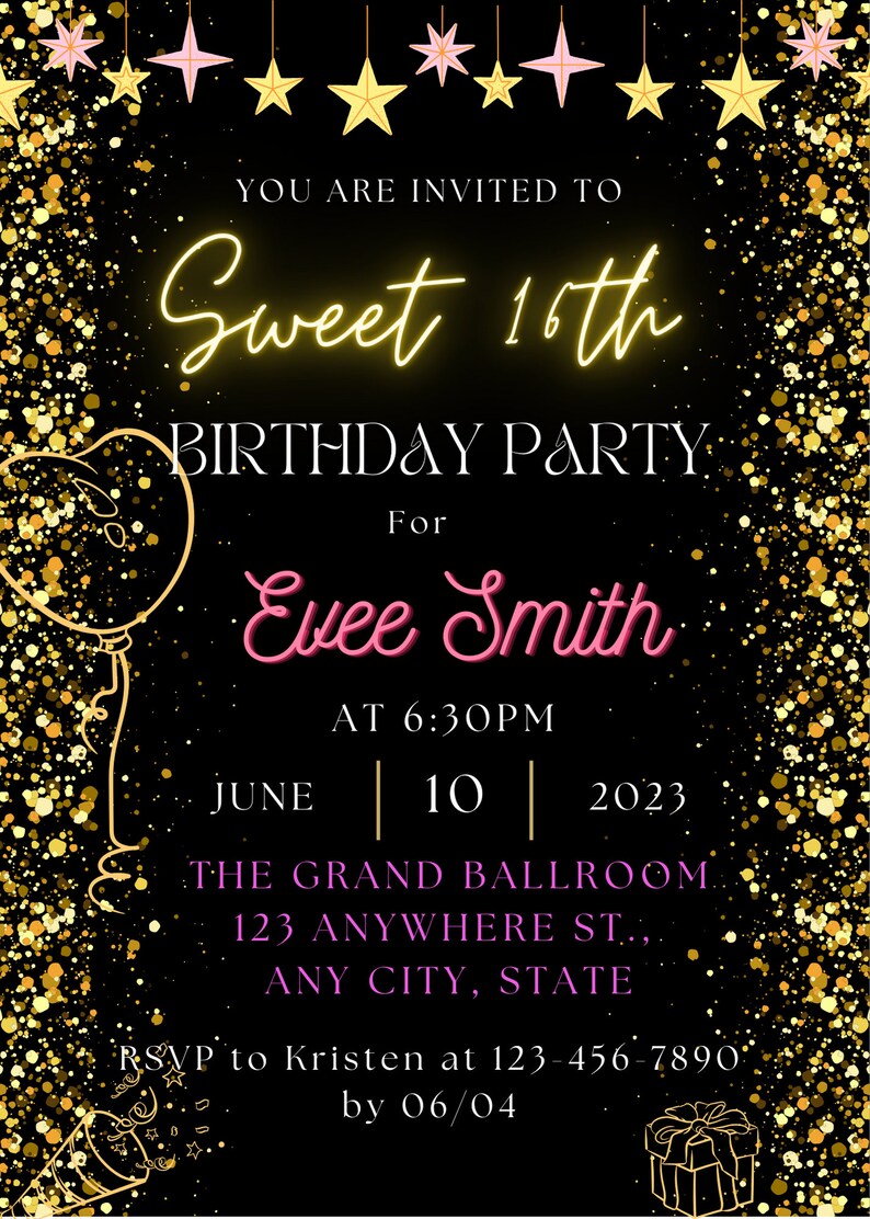 Editable Sparkle Birthday Invitation. Sweet 16th Birthday Invitation ...