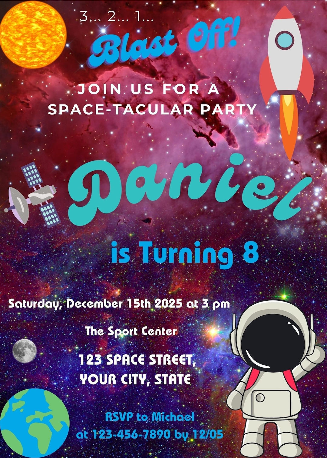 Editable Space Birthday Party Invitation Template. Cute Party Design ...