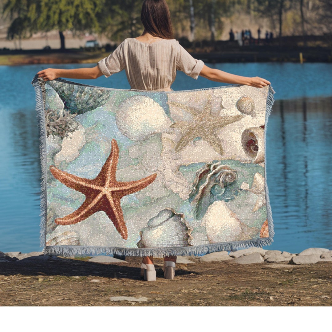 Seashell Coastal Woven Blanket, Starfish Nautical Beach Throw, Cotton ...