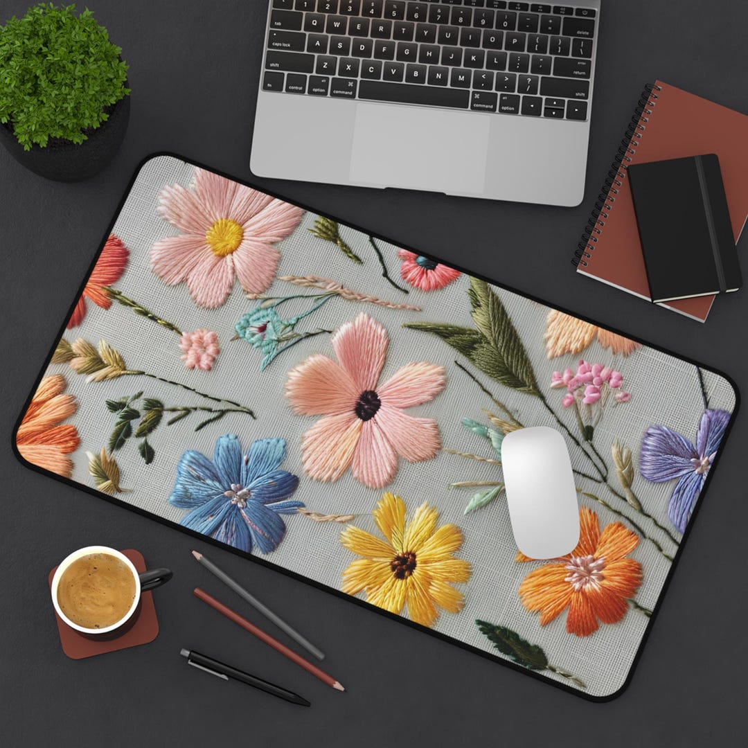 Wildflowers in Faux Embroidery Design Desk Mat Floral Gaming Mouse Pad ...