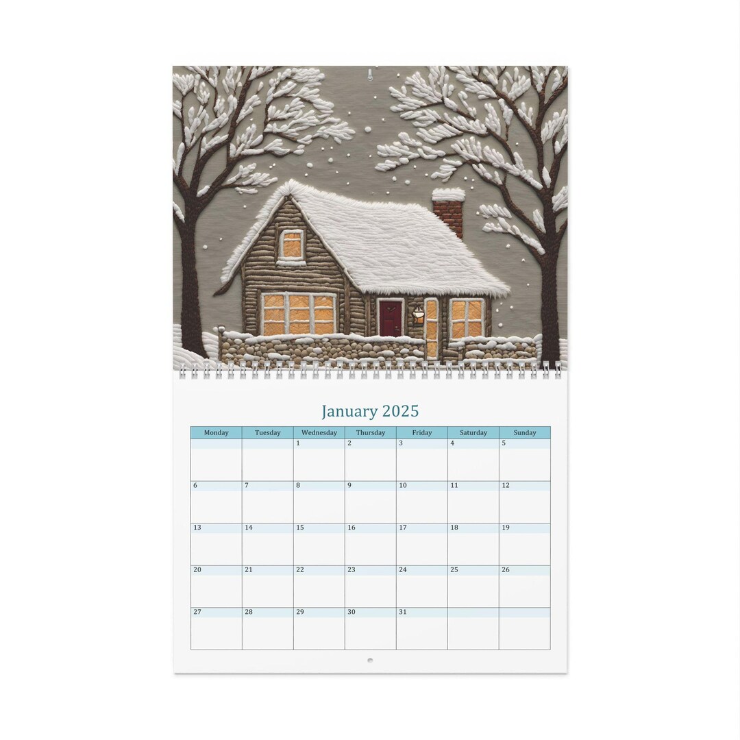 Unique Faux Embroidery Design Wall Calendars start Monday Grid, 2025 ...