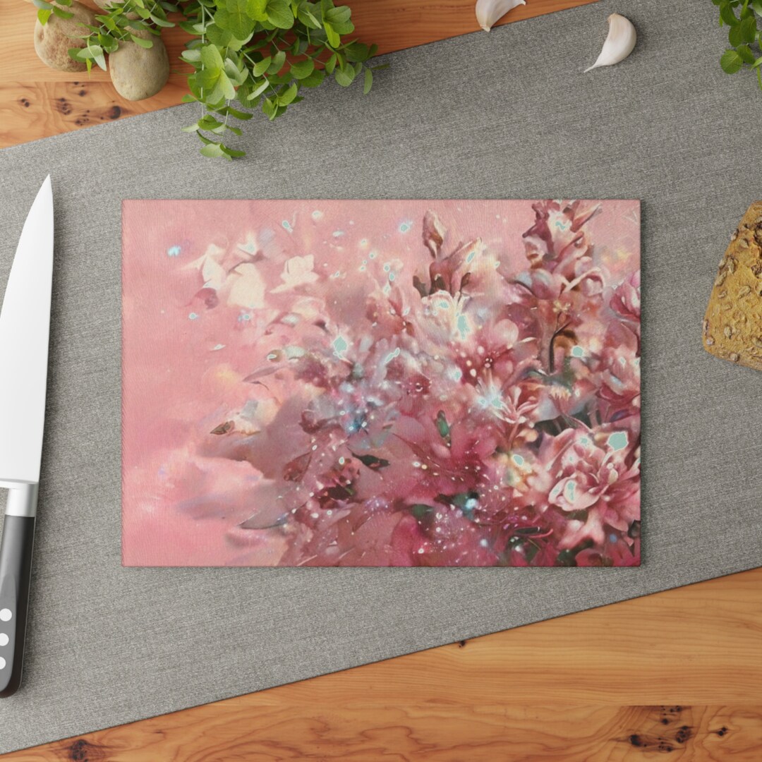 Pink Flowers Design, Glass Cutting Board, Serving Board, Tampered Glass ...