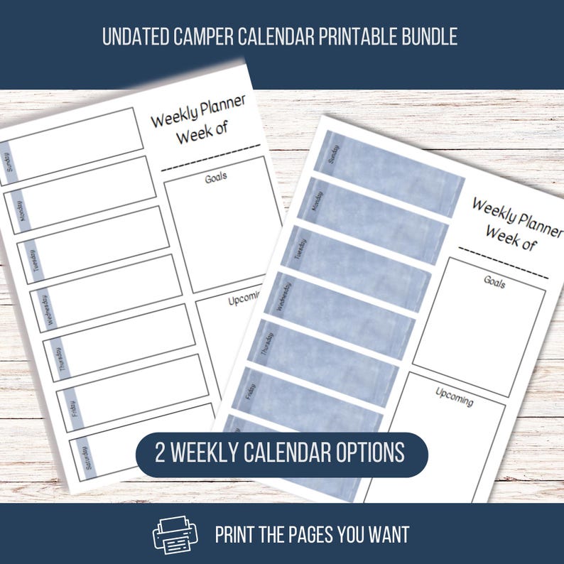 Camper Calendar Undated Printable Planner. Monthly, 2 Weekly Options ...