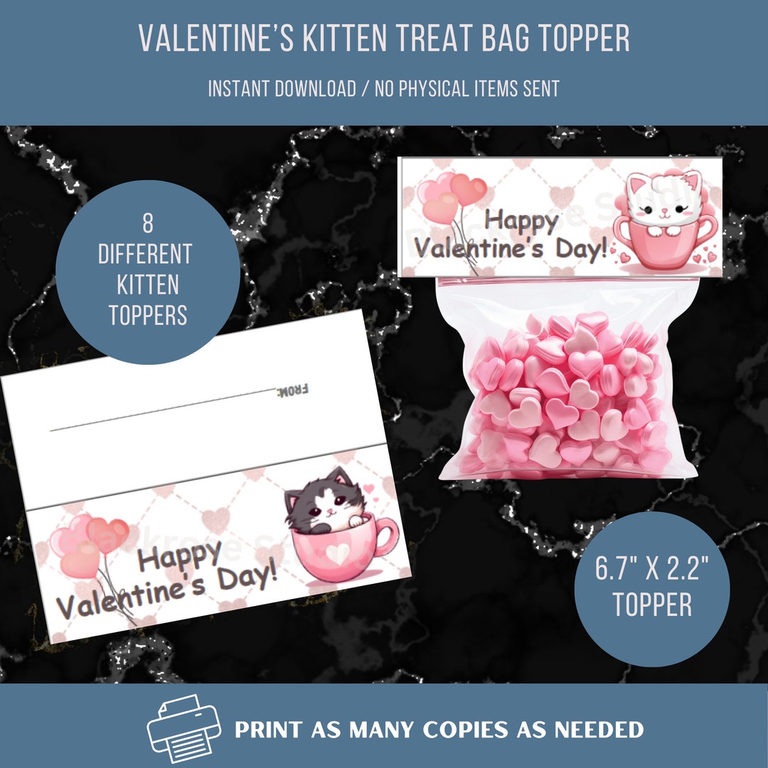 Kitten Valentines Day Printable Treat Bag Toppers. Add to Sandwich Bags ...