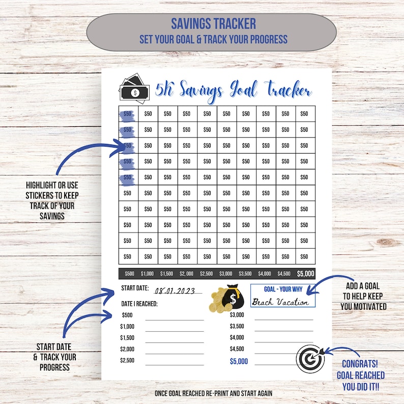 5K Savings Goal Printable Tracker and Bonus Envelope. Start Tracking ...