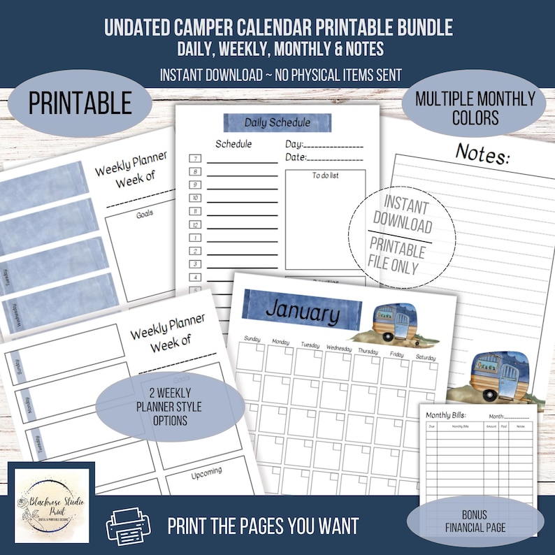 Camper Calendar Undated Printable Planner. Monthly, 2 Weekly Options ...