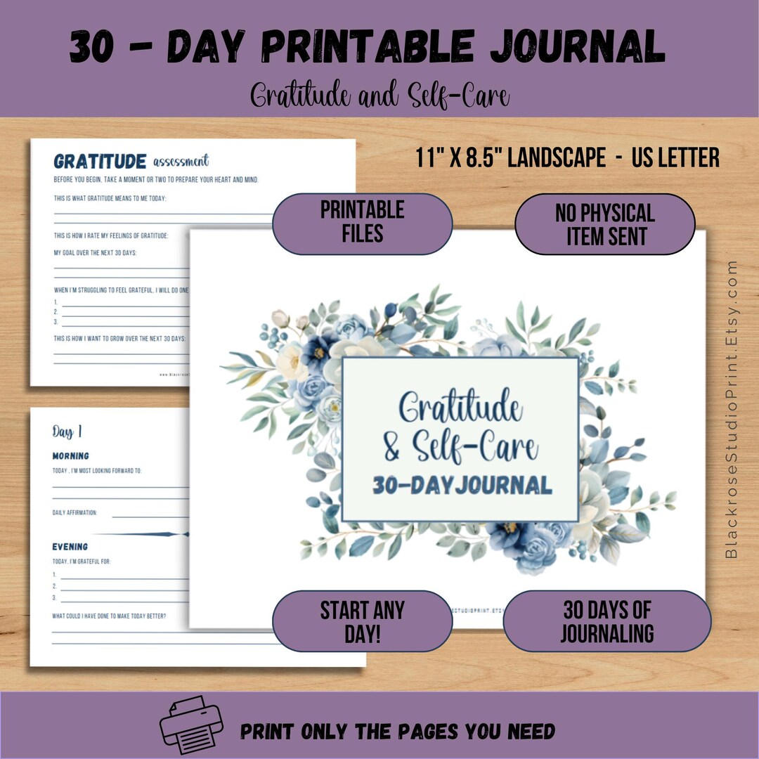 Blue Floral Printable 30-day Gratitude and Self Care Journal ...