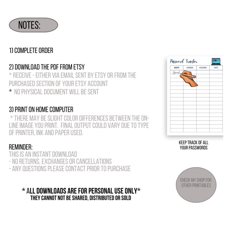 Printable Password Tracker in 2 Styles / Password Log / 8.5 X 11 US ...