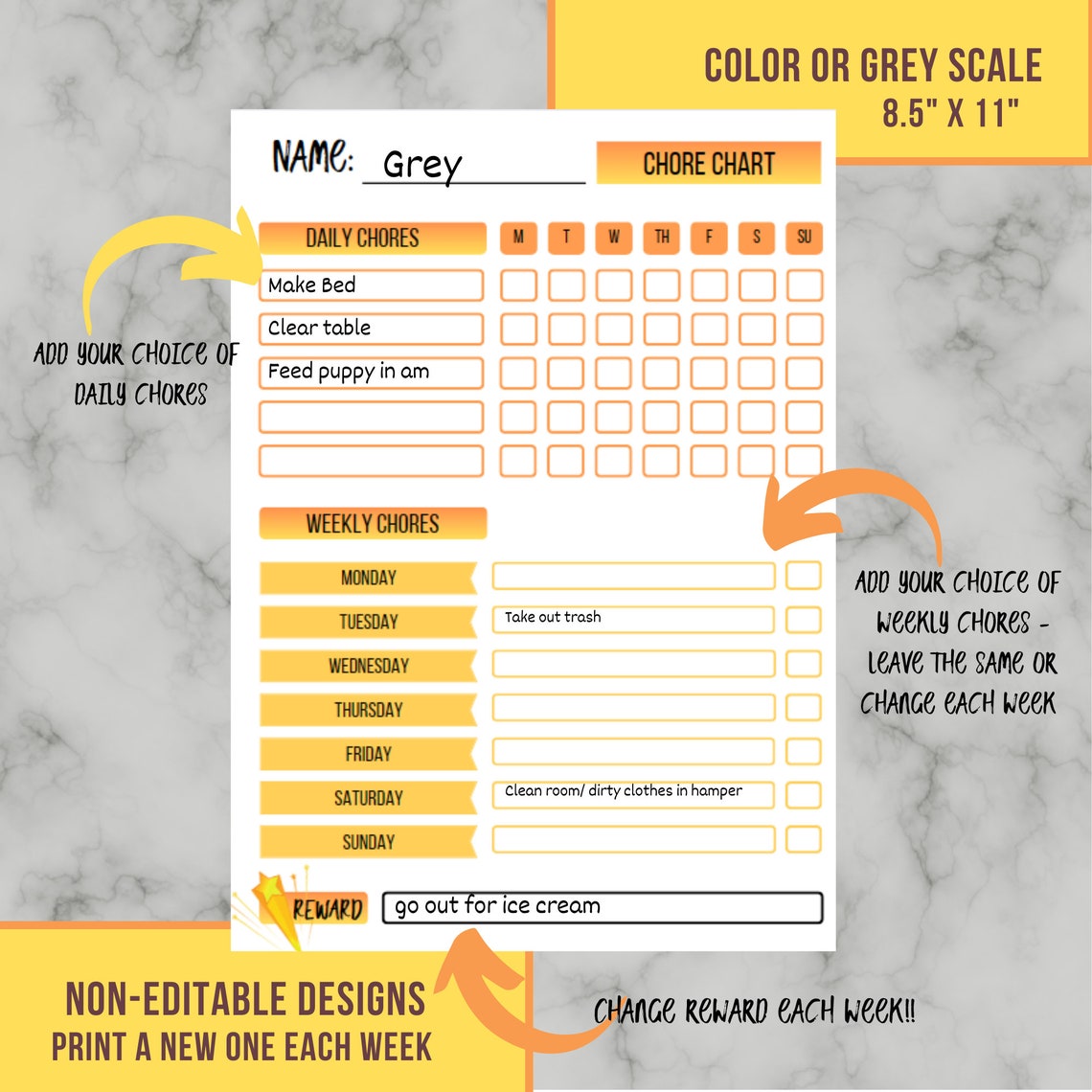 Daily / Weekly Printable Chore Chart With Weekly Reward - Etsy