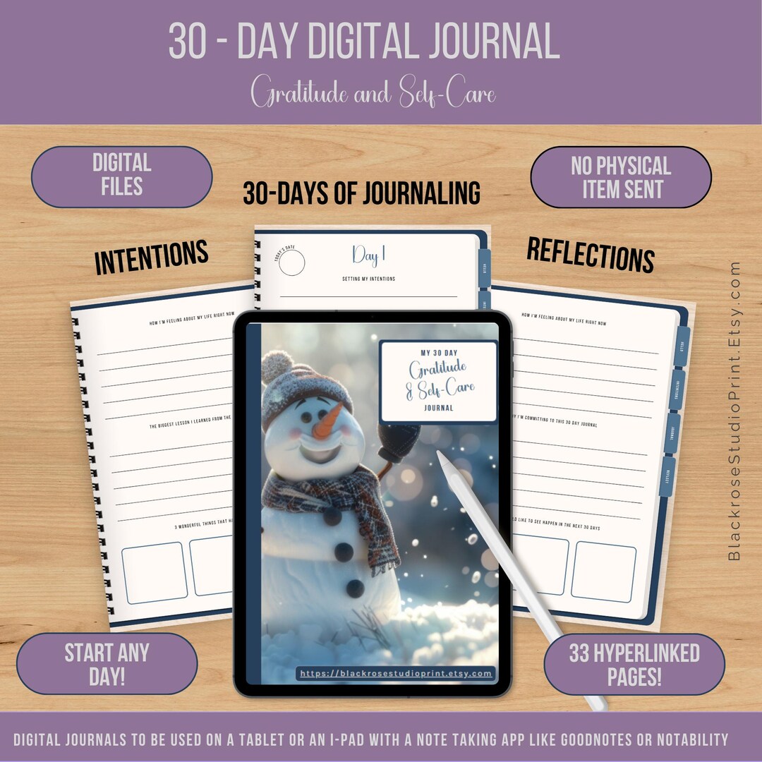 Snowman 30 Day Self Care and Gratitude Digital Journal, Daily Tracking ...