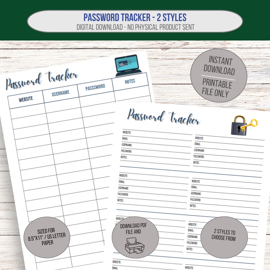 Printable Password Tracker in 2 Styles / Password Log / 8.5 X 11 US ...
