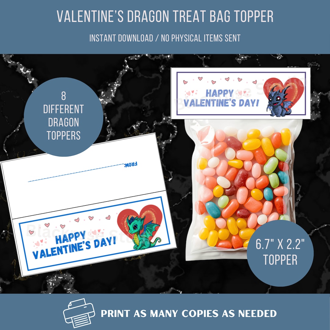 Dragon Valentines Day Printable Treat Bag Topper. 8 Different Designs ...