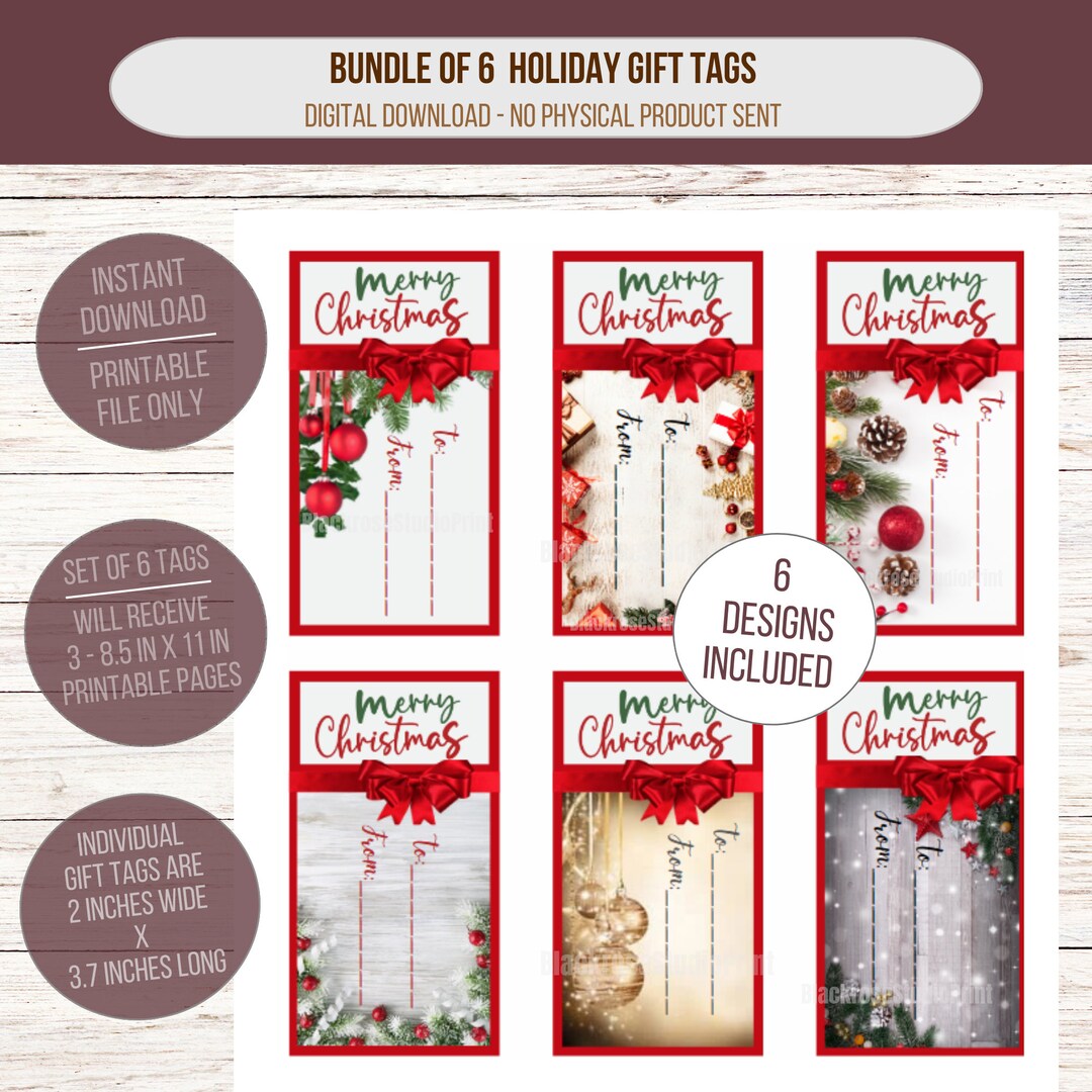 Merry Christmas Gift Tags, Bundle of 6, Various Designs on Lower Half ...