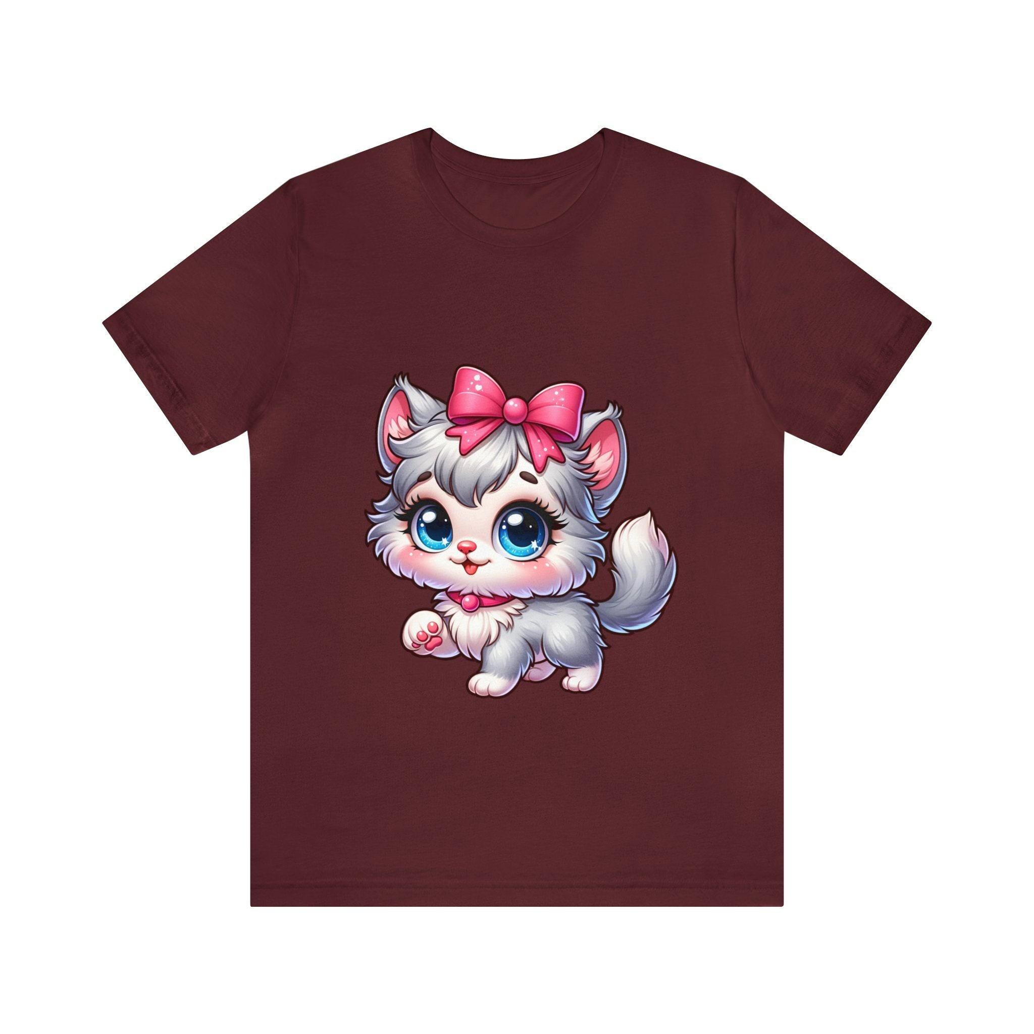 Adorable Cartoon Kitten T-shirt, Cute Cat Tee Top, Unisex Casual Wear ...