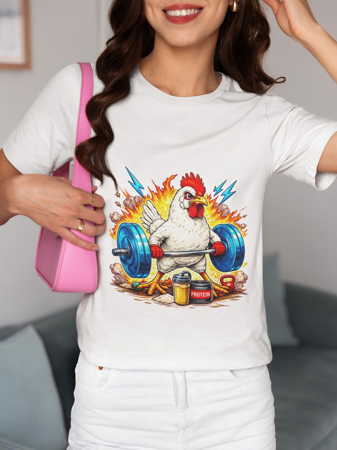 Funny Weightlifting Chicken T-shirt, Rooster Barbell Explosion Gym Tee ...