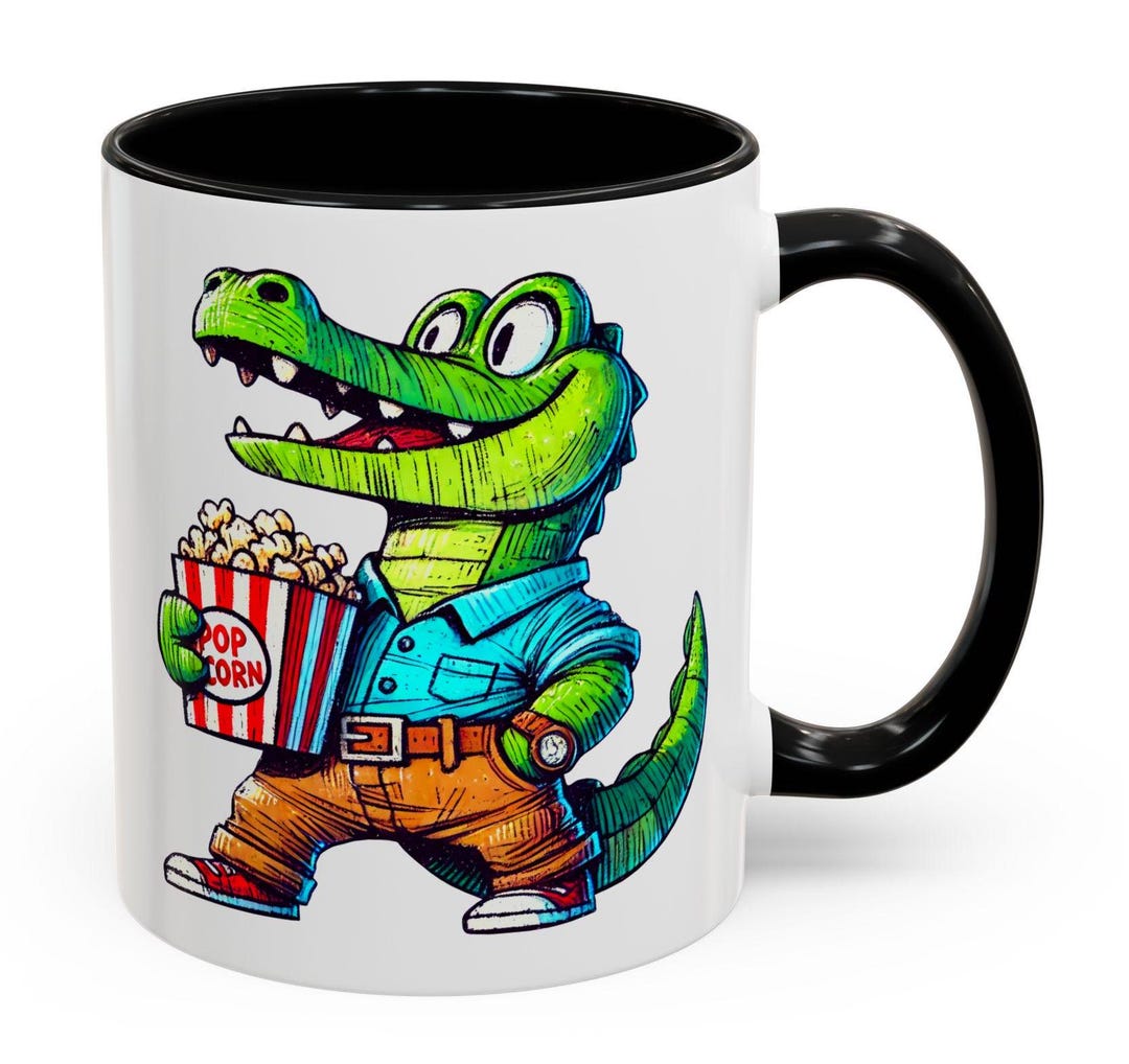 Funny Alligator Mug With Popcorn, Cute Cartoon Gator Coffee Cup in ...