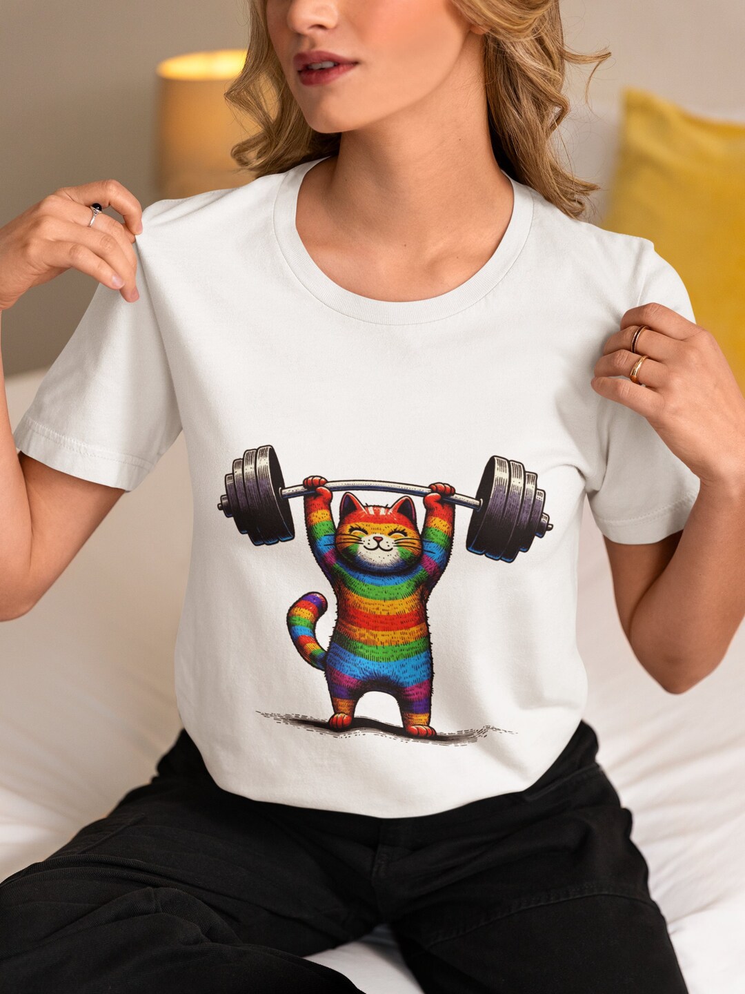 Rainbow Powerlifting Cat T-shirt | Colorful Gym Cat Lifting Weights ...