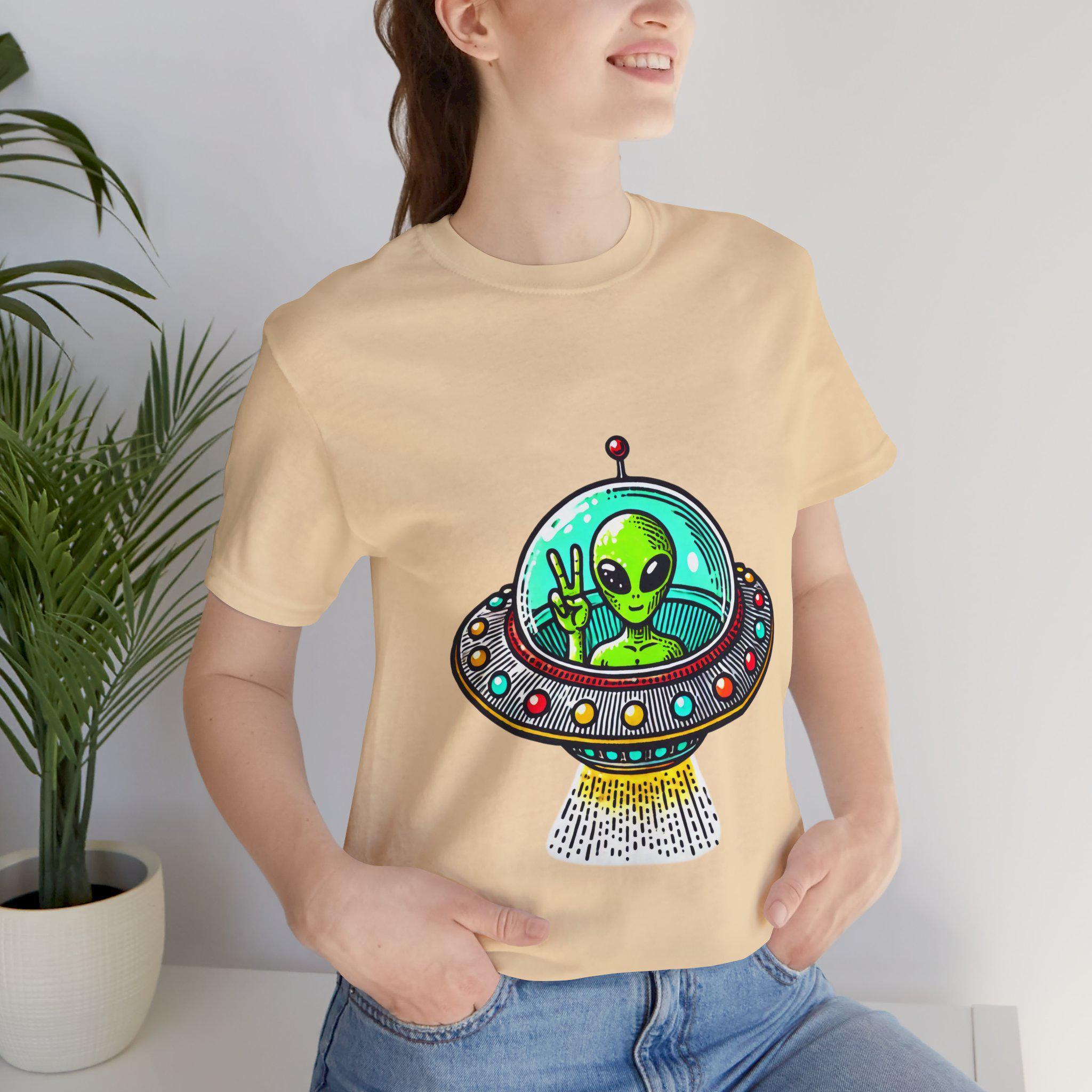 Retro Alien in UFO T-shirt, Vintage Sci-fi Graphic Tee, Funny Space ...