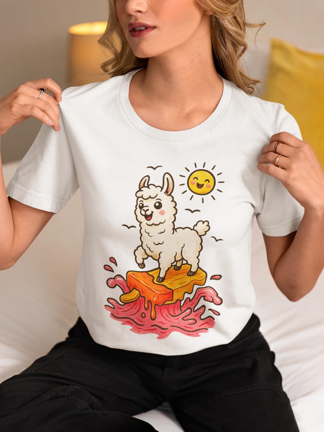 Summer Llama Surfing T-shirt, Cute Cartoon Llama Riding Melting ...
