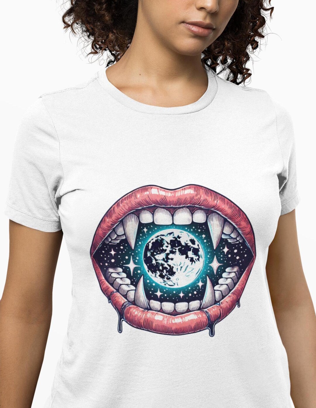 Vampire Fangs Cosmic Moon T-shirt, Gothic Fantasy Horror Tee, Surreal ...