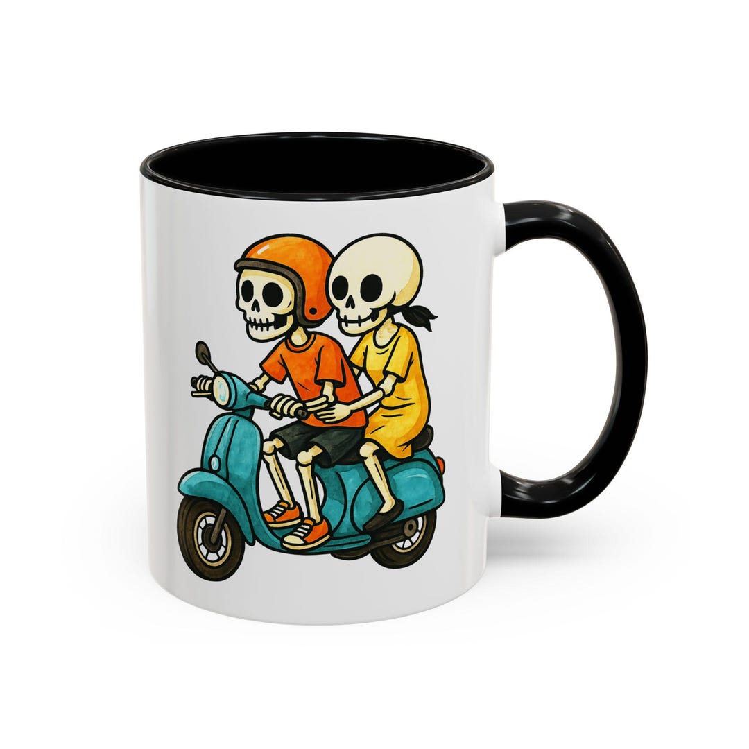 Skeleton Couple on Scooter Mug, Cute Retro Halloween Coffee Cup With ...