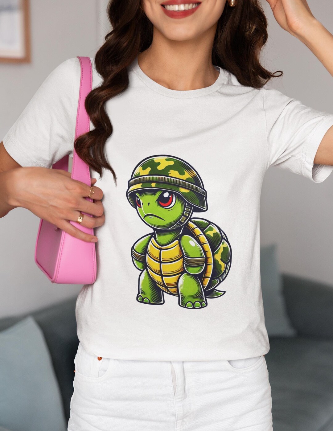 Military Turtle T-shirt, Camo Helmet Cartoon Design, Unisex Graphic Tee ...
