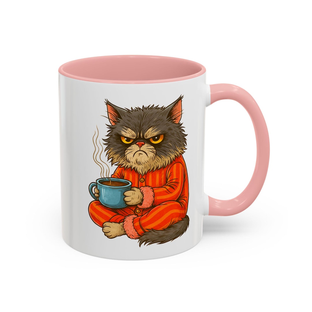 Grumpy Cat Coffee Mug With Pajama Cat Holding Cup, Hilarious Gift Cup ...