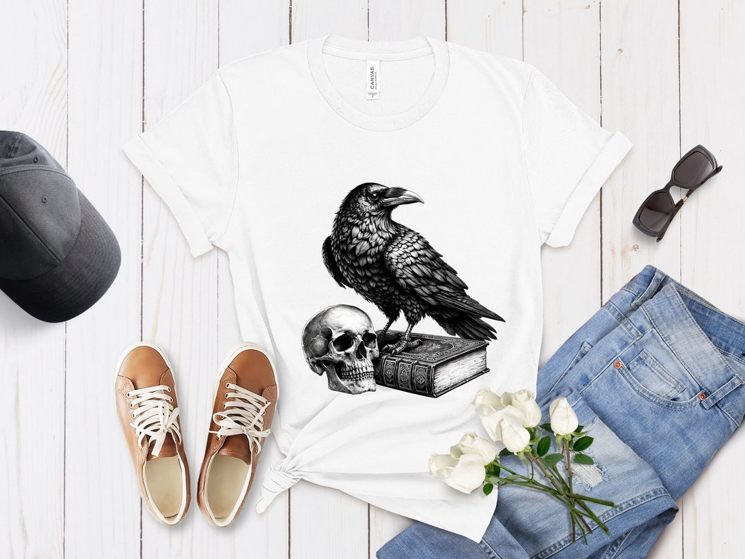 Raven on Book & Skull Print Unisex Cotton T-shirt Gothic Literature Tee ...